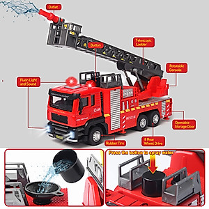 Geek Cheers Real Fire Truck Toy, Alloy Model Functional Firetruck with Water Pump, Extendable Rotating Rescue Ladder, Lights & Siren Sounds, Friction-Powered Car for Gift for Boys Girls Ages 3+