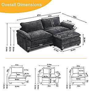 Karl home Sectional Sofa Modular Deep Seat Sofa Couch with Ottoman, Chenille Sofa Sleeper Comfy Upholstered Furniture for Living Room, Apartment, Studio, Office, (2-Seat & 1-Ottoman, Black)