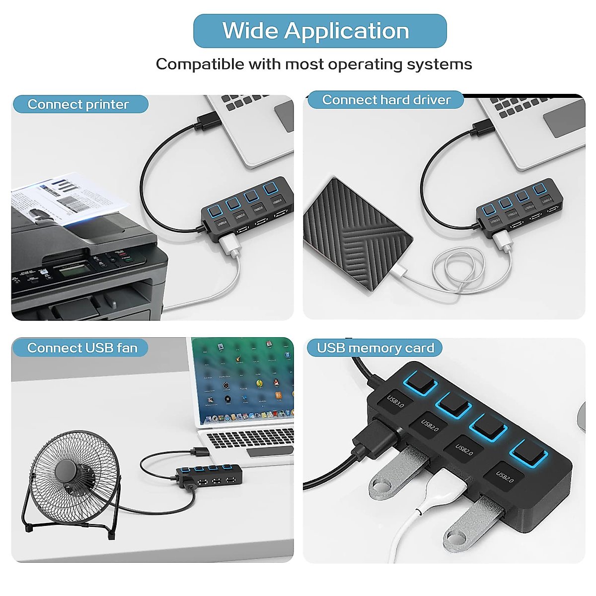 USB 3.0 Hub,4-Port Mini USB hub 3.0,2.0 Hub with Individual LED Power Switches,USB Expander for Laptop,PC,MacBook,Flash Drive,Console, Printer,Camera,Keyborad,Mouse,and More USB Devices
