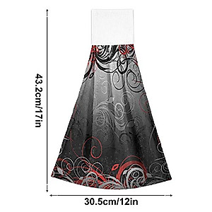 Oyihfvs Red Black Grey Floral Leaf Swirl Abstract Background 2 Pcs Hanging Kitchen Hand Towels, Hanging Tie Towels with Hook & Loop Dishcloths Sets, Decorative Absorbent Tea Bar Bath Hand Towel