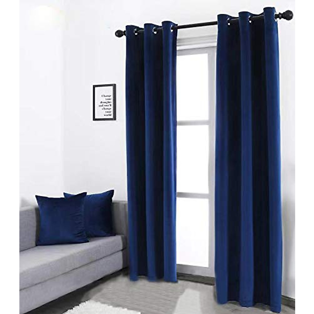 WdFour Super Soft Luxury Velvet Curtains with 2 Free Pillow Covers, Energy Efficient Grommet Curtain Window Drapes for Living Room, 38W x 96L, 2 Panels, Navy Blue