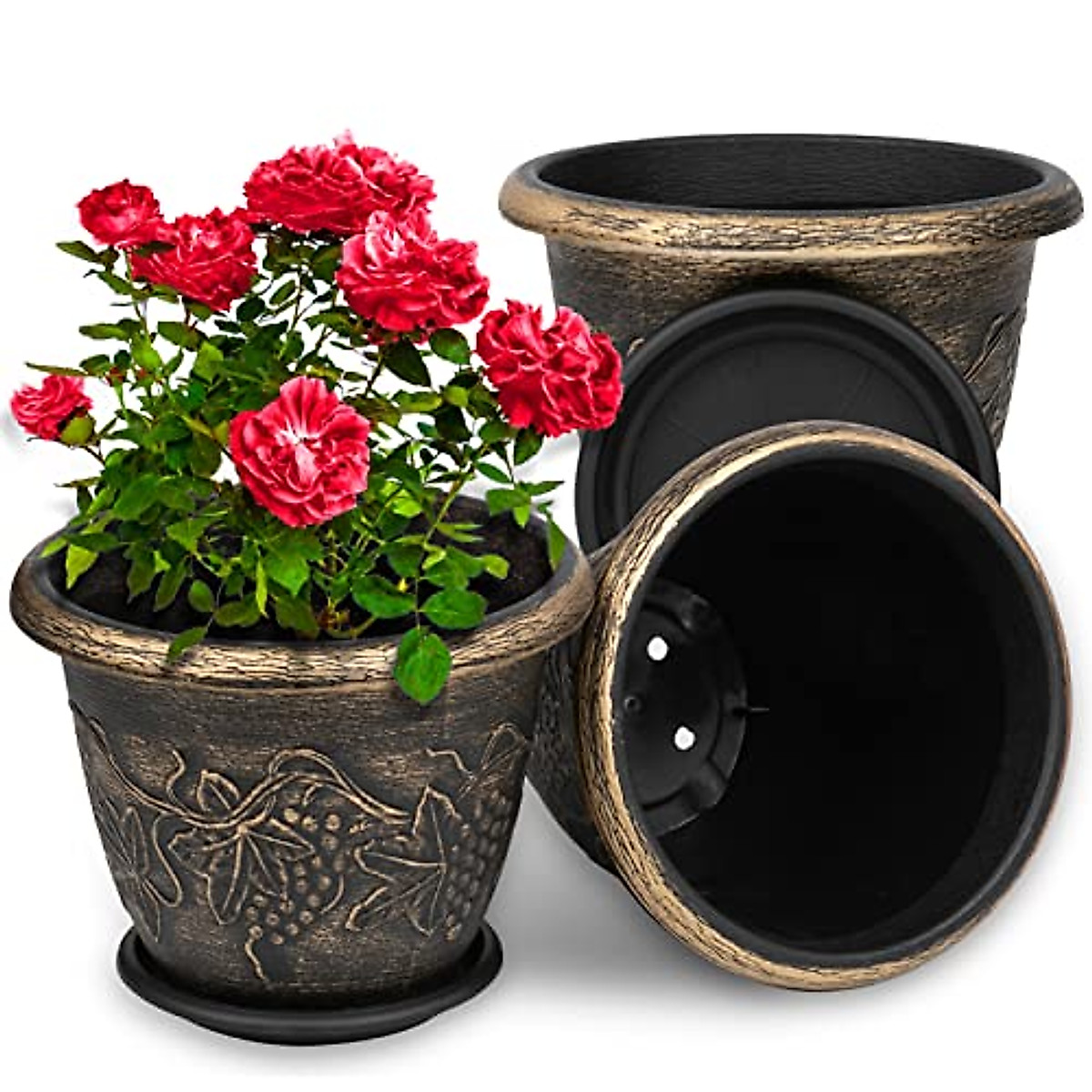 MADHOLLY Plant Pots with Drainage Holes & Saucers- Lightweight Resin Flower Pots- Retro Decorative Resin Planters for Indoor Outdoor Garden Flowers Plants (3 Pack)