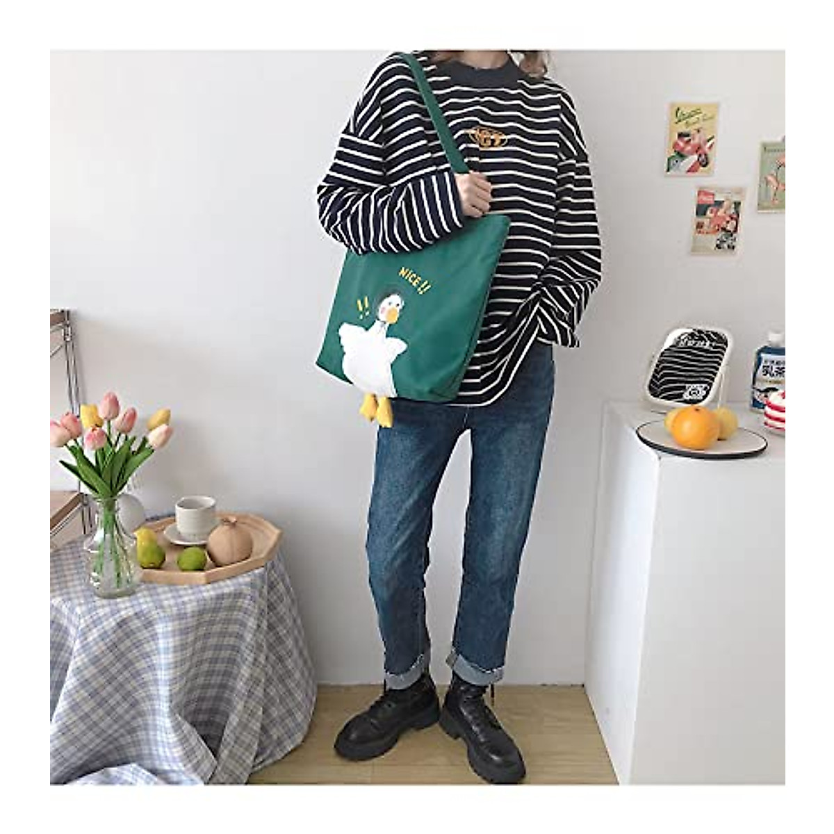 SALLYOON Kawaii Purse Cute Tote Bag Aesthetic Funny Duck Shoulder Handbags for School Grocery (Green 1)