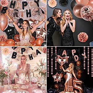 Birthday Decorations Rose Gold Black, ‎KISPATTI 51 Pieces Rose Gold Black Birthday kit with Happy birthday Foil Confetti Balloons, Birthday Party Decorations Supplies for Women Girls 21 30 40 50 70th