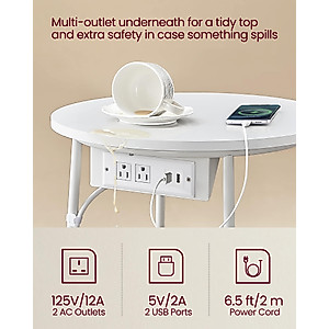 VASAGLE Side Table with Charging Station, Round End Table With Fabric Basket, Nightstand with Power Outlets USB Ports, for Living Room, Bedroom, Modern, Matte White and Camel Brown ULET228W01