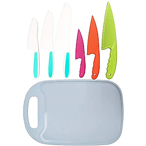 11PCS Kids Plastic Knife Set,Kids Safe Knife Set with 2 Pair Cut Resistant Gloves (Ages 6-12) & Cutting Board,Kids Cooking Tool BPA-Free ,Salad (Blue)