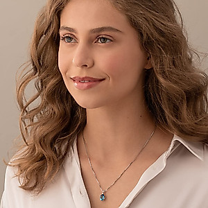 PEORA 14K White Gold Swiss Blue Topaz and Diamond Pendant for Women, Genuine Gemstone Birthstone Solitaire, 3 Carats total Oval Shape 10x8mm