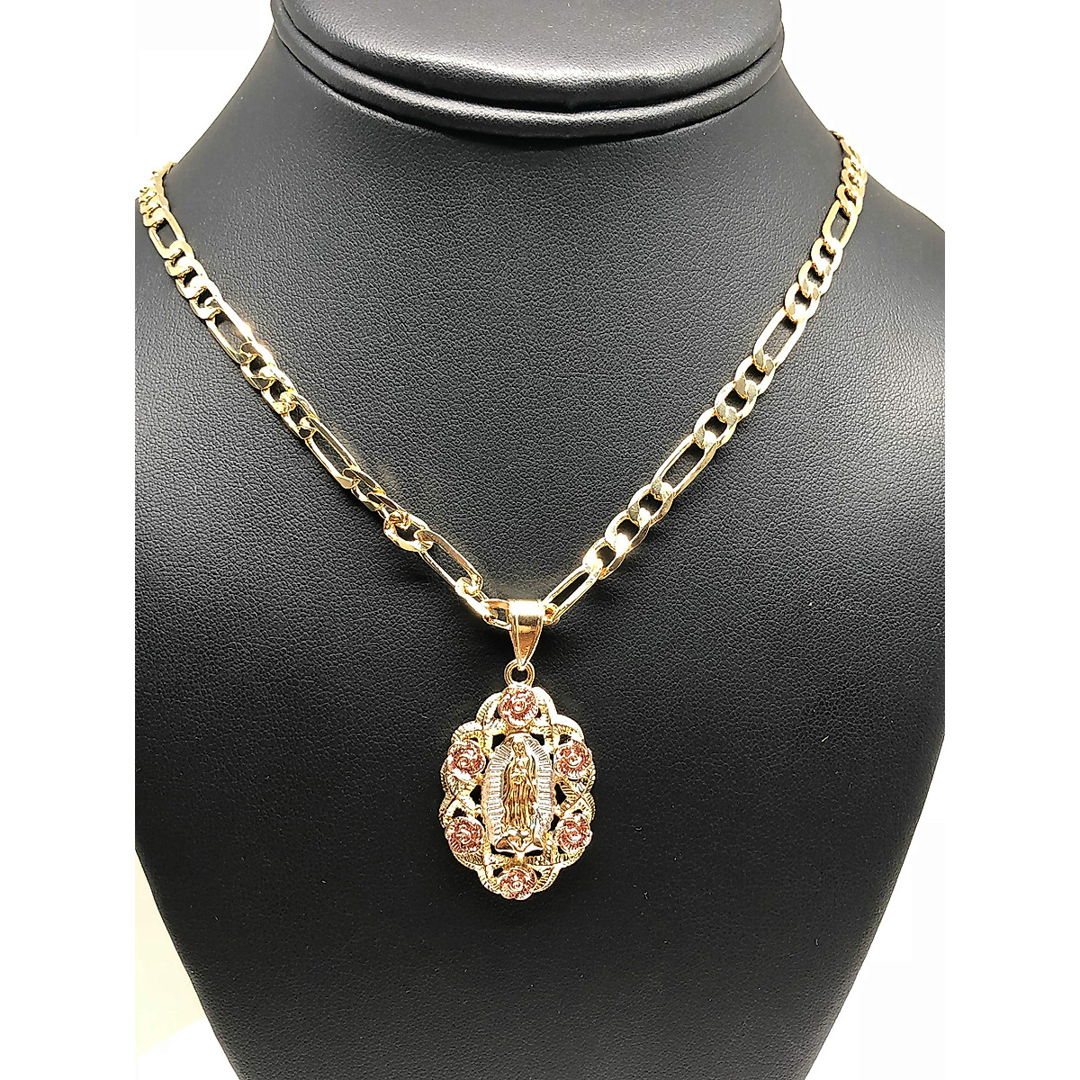 Tri-Color Virgin Mary Flower Pendant Necklace 26" Virgen de Guadalupe Medalla Tres Colores Con Flores