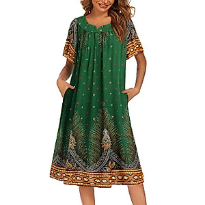 Ekouaer Womens Nightgown Short Sleeve House Dress with Pockets-Floral Print Mumu Dress Green Feather, 3X-Large