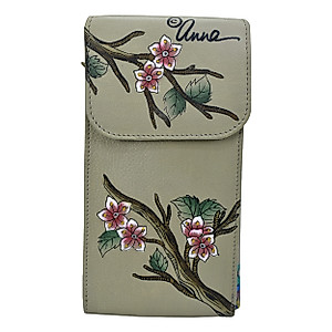 Anna by Anuchka Women's Hand-Painted Genuine Leather Phone Wallet Organizer Crossbody - Peacock Bliss Taupe