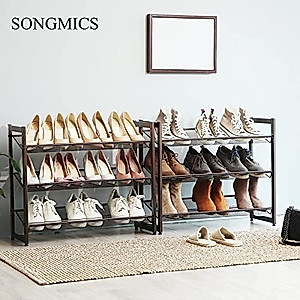 SONGMICS 6-Tier Shoe Rack Storage, Metal Shoe Organizer Stand for Garage, Entryway, Set of 2 3-Tier Stackable Shoe Rack Shelf, with Adjustable Flat or Angled Shelves, Holds 18-24 Pairs, Bronze