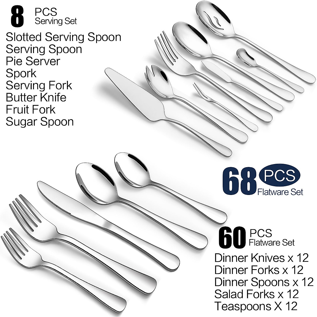 66-Piece Silverware Set with Serving Utensils, Stainless Steel Silverware Flatware Set for 12, Elegant Cutlery Tableware Includes Fork Spoon Knife, Mirror Polished, Dishwasher Safe