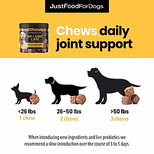 JustFoodForDogs Hip + Joint Soft Chews Mobility Supplement for Dogs with Glucosamine and Chondroitin, Superfood Blend, Human Grade, Plant-Based - 45 Count