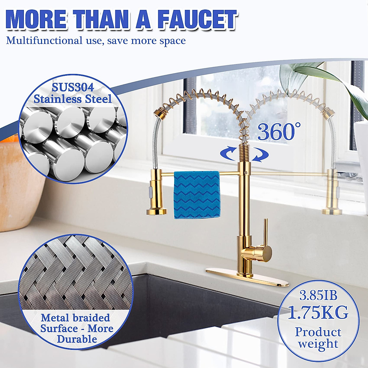Gold Kitchen Faucet Stainless Steel Pull Down Kitchen Sink Faucet with Spray 1/One Hole Pre-Rinse Spring High- Arc Single Handle Kitchen Faucets for Sink Home Grifo del fregadero de la cocina dorada