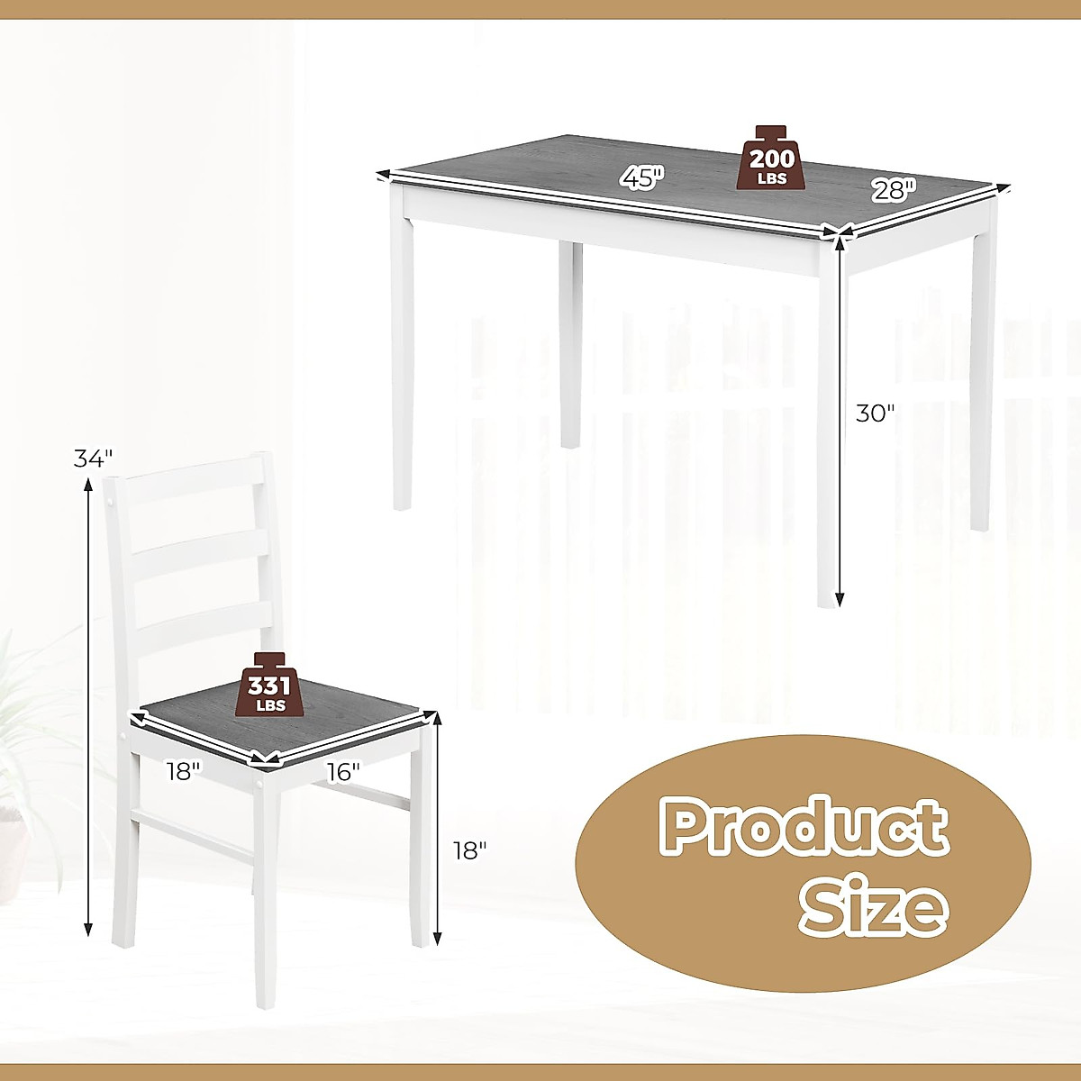 Tangkula Dining Table Set for 4, Farmhouse Solid Wood Dinette Set w/Rubber Wood Legs, Mid-Century Modern Dining Table and Chairs Set for Kitchen, Dining Room (Grey+White)