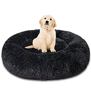 Patas Lague Calming Dog Bed for Small Dogs, Fluffy Soft Cozy Cat Bed, Faux Fur Anti-Anxiety Plush Washable Pet Donut Cuddler for All Seasons 20IN, Black