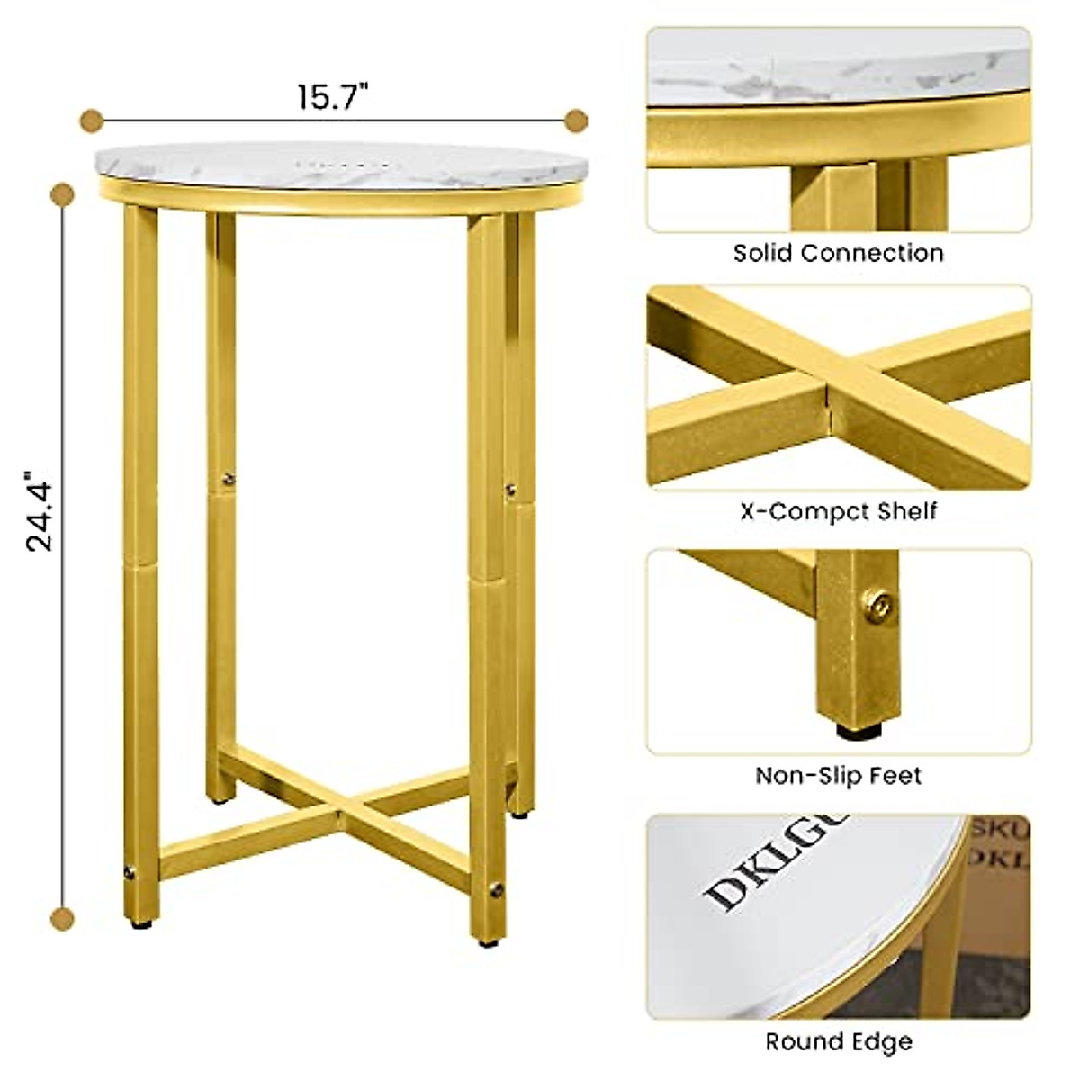 DKLGG Modern Gold Side Table, Small Coffee Table Round End Table with Gold Frame, Marble Side Table Bedside Table for Living Room, Bedroom, Small Space, 16" D*24" H