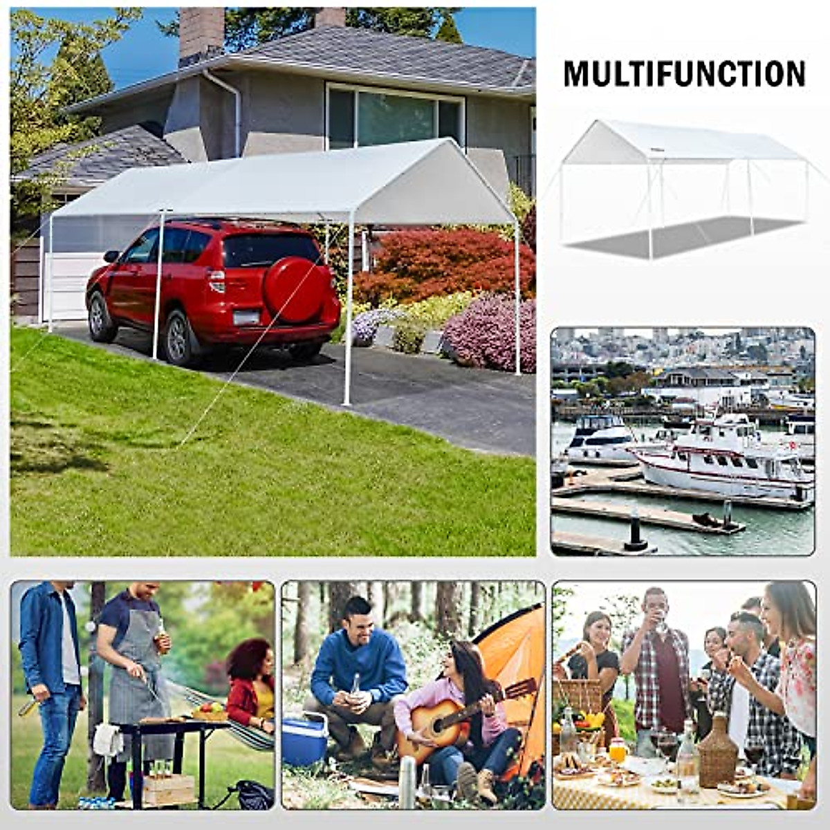 VINGLI 10X20 Upgraded Carport Canopy Tent for Car Heavy Duty, Waterproof Panels Garage Vehicle Sunshine Boat Shelter, Outdoor Car Port Party Tent Garden, White