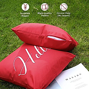 MoKo 2-Pack Waterproof Outdoor Pillow Cover 18x18, Decorative Patio Garden Throw Pillow Cases with Quotes Hello, Square Cushion Covers for Backyard Sofa Couch Tent, 45 x 45 cm, Red