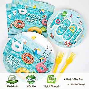 DECORLIFE 96PCS Pool Party Supplies Serves 24, Pool Party Plates and Napkins Sets, Summer Paper Plates, Beach Theme Party Decorations