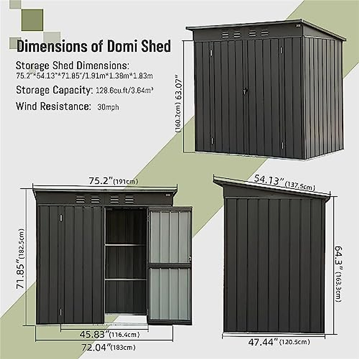 FRANSOUL Metal Outdoor Tool Storage Garden Shed 6.27x4.51ft with Sloping Roof Galvanized Steel Frame Anti-Corrosion Tool Storage Room with Latches and Door for Balcony, Black