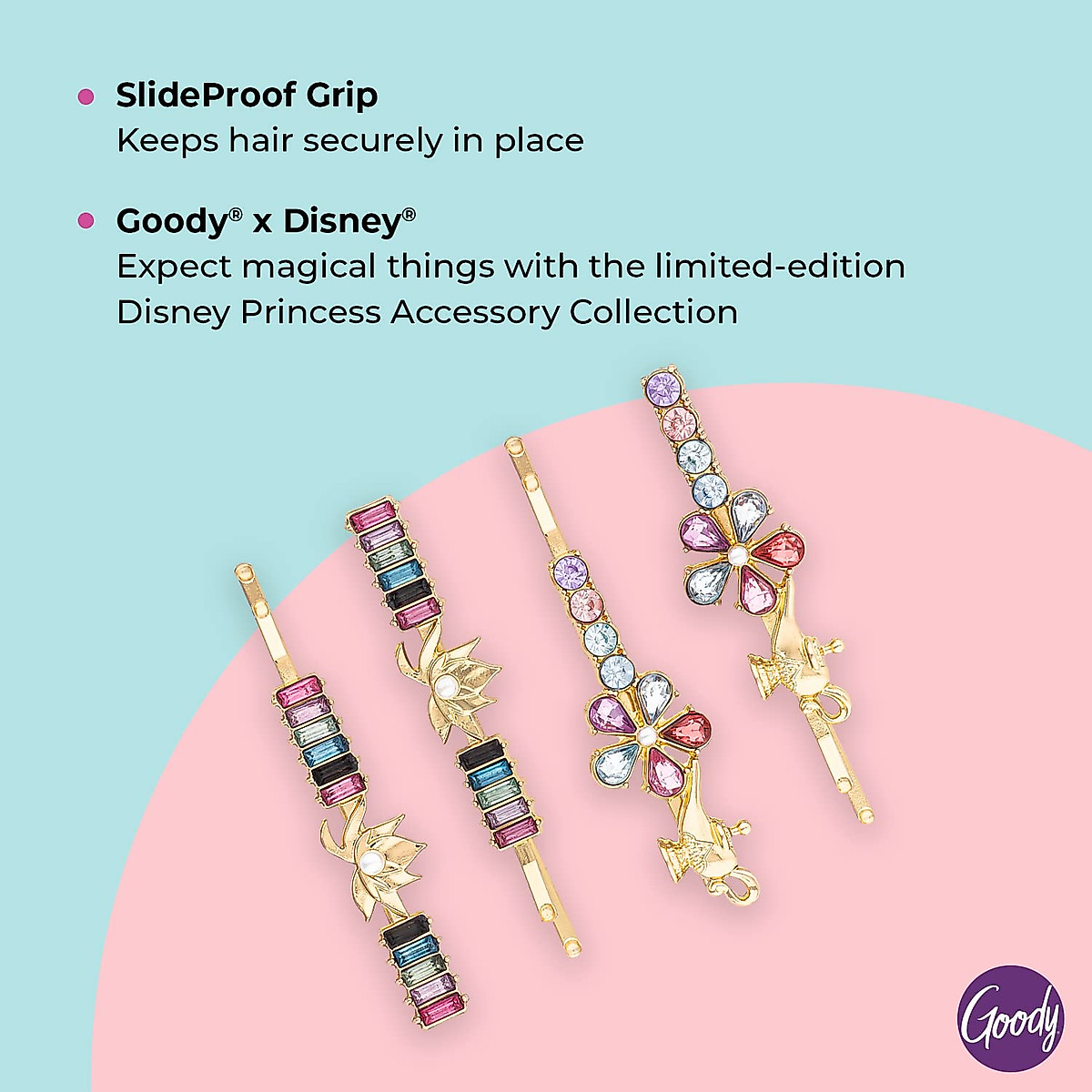 GOODY Bobby Pins - 4 Count, Disney Princess, Jasmine - Slideproof Rhinestone Bobbies - Hair Accessories for Men, Women, Boys & Girls - Style With Ease & Keep Your Hair Secured - For All Hair Types
