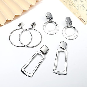 Subiceto 9 Pairs Silver Clip on Earrings for Women Statement Clip On Earrings Large Silver Geometric Clip Earrings Square Rectangle Round Clip Dangle Earrings Non Pierced Earrings Set