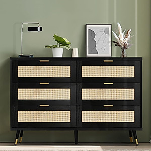 REVOMINCA Rattan 6 Drawer Dresser, Modern Boho Dresser for Bedroom, Rattan Chest of Drawers with Gold Handles & Legs, Modern Dressers for Bedroom, Black Rattan Dresser for Living Room and Hallway