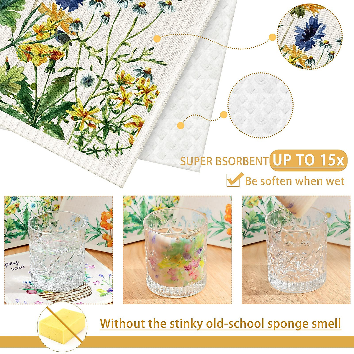 8 Pcs Swedish Kitchen Dishcloths Soft Swedish Kitchen Cloths for Kitchen Reusable Dish Towels Absorbent and Fast Dry Kitchen Washcloths for Dishes Reusable Washcloths Washable Cleaning Wipes (Flower)