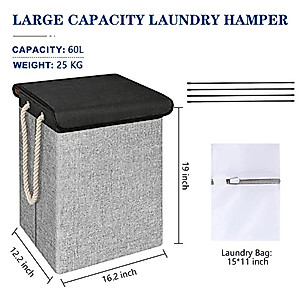 POBOMVOM 60L Laundry Basket with lid, Laundry Hamper with Rope Handles, Detachable Waterproof Dirty Clothes Basket for Laundry Hamper for Dorm, Bedroom, Bathroom Organization (19 inches,Dark Grey)