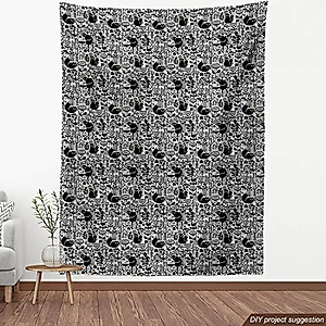 Lunarable Cat Fabric by The Yard, Feline Domestic Animals with Blossoming Monochrome Flowers and Leaves Kitten, Decorative Fabric for Upholstery and Home Accents, 1 Yard, White Black