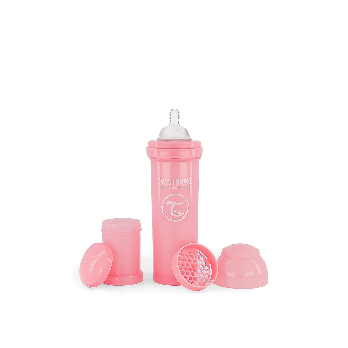 Twistshake Anti Colic Baby Bottles - Premium 330ml/11oz Bottles with 100ml Milk Storage Container for a Comfortable Feeding Experience for Baby Care - Pastel Pink