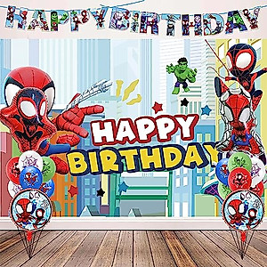 Spidey and Friends Birthday Decorations Include Banner, Backdrop, Balloons, Hanging Swirls, Cake Cupcake Toppers, Tablecloth for Spidey and His Amazing Friends Birthday Decorations