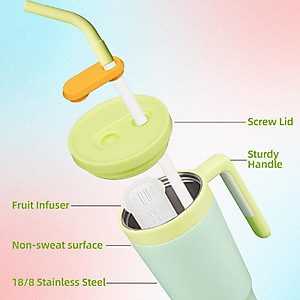 Konokyo Insulated Tumbler with Handle and Straw,40 OZ Vacuum Stainless Steel Water Bottle Travel Mug Metal Cup with Fruit Diffuser,Lime