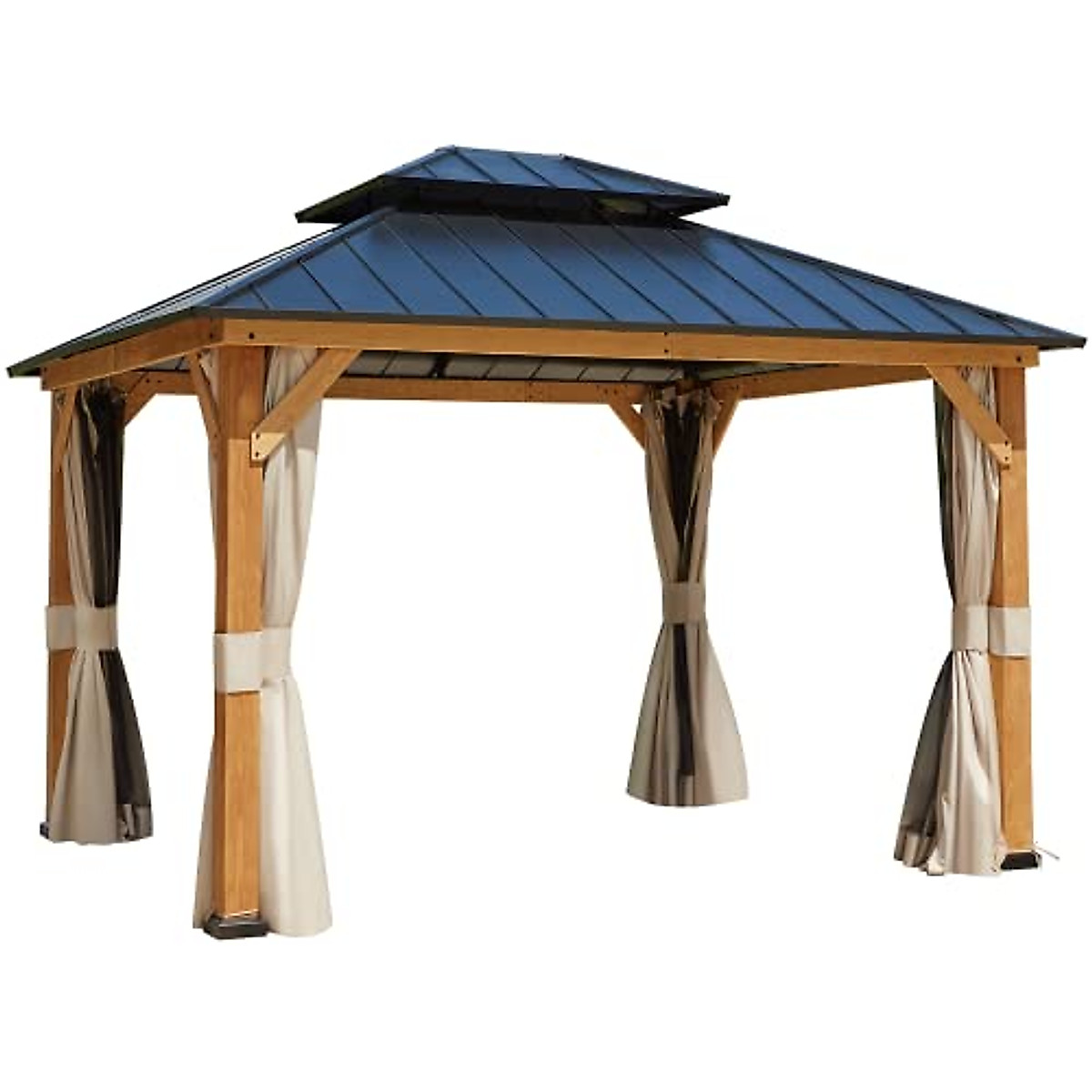 YOLENY 11' x 13' Spruce Wood Gazebo, Outdoor Hardtop Gazebo with Privacy Curtains and Mosquito Netting for Patio, Garden, Backyard, Poolside