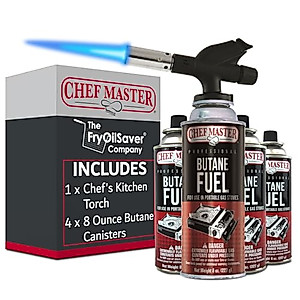 Chef Master 90014 Butane Torch Lighter, Kitchen Torch, Firestick Lighter, Cooking Torch, Blow Torch for Cooking, Food Torch, Chef Torch, Fire Log Lighter - 4 x 8oz Butane Fuel Included