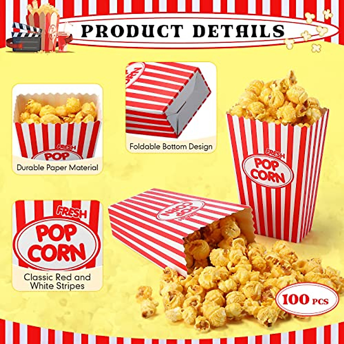 100 Pcs Popcorn Boxes Popcorn Cups Bulk 5.5 Inches Tall Paper Popcorn Bags Popcorn Cups Striped Red and White Popcorn Buckets Containers Bowl for Family Movie Theater Carnival Circus Party