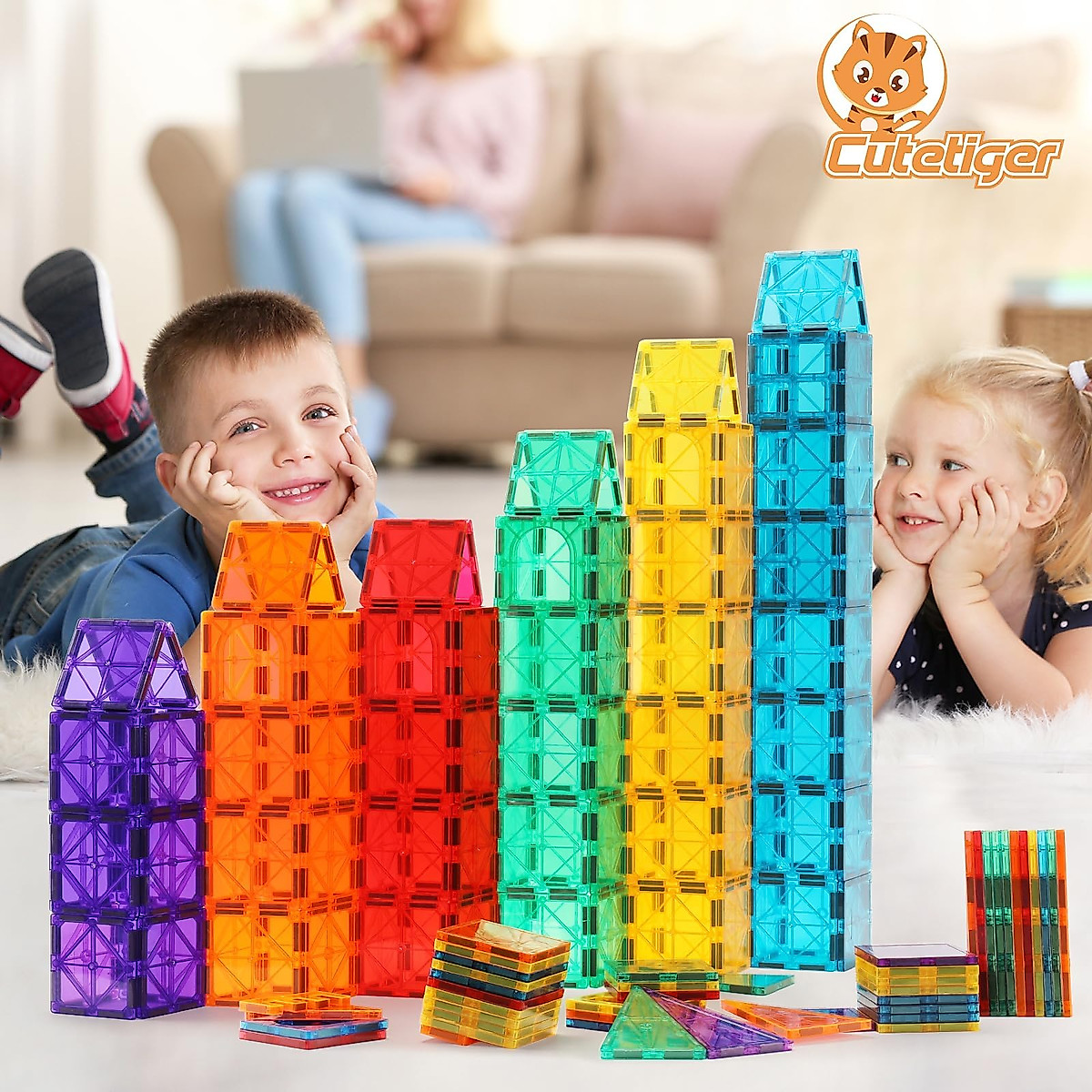 CuteTiger Magnetic Tiles, Magnet Tiles, 100 Pcs Magnetic Building Blocks No Cars, Square Building Castle, Preschool Toys, STEM Stacking Construction Montessori Toys for Kids