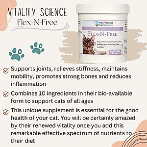 Vitality Science Flex N Free for Cats | Promotes Healthy Bones & Joints | Relieves Joint Stiffness & Maintains Mobility | Reduces Inflammation | Builds Healthy Bone Tissue | 100% Natural (120g)