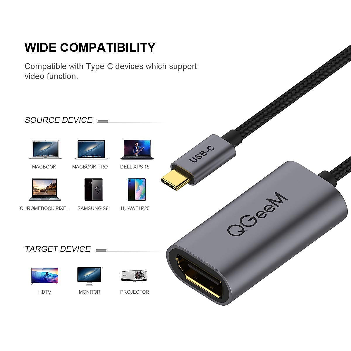 USB C to DisplayPort Adapter,QGeeM 4K@60HZ Thunderbolt 3 to Displayport Cable Compatible with MacBook Pro 2019/2018,ipad pro 2018,Surface Book,Dell XPS,Sumsang Galaxy S10 Note 9 Dex,USB C to DP Cable