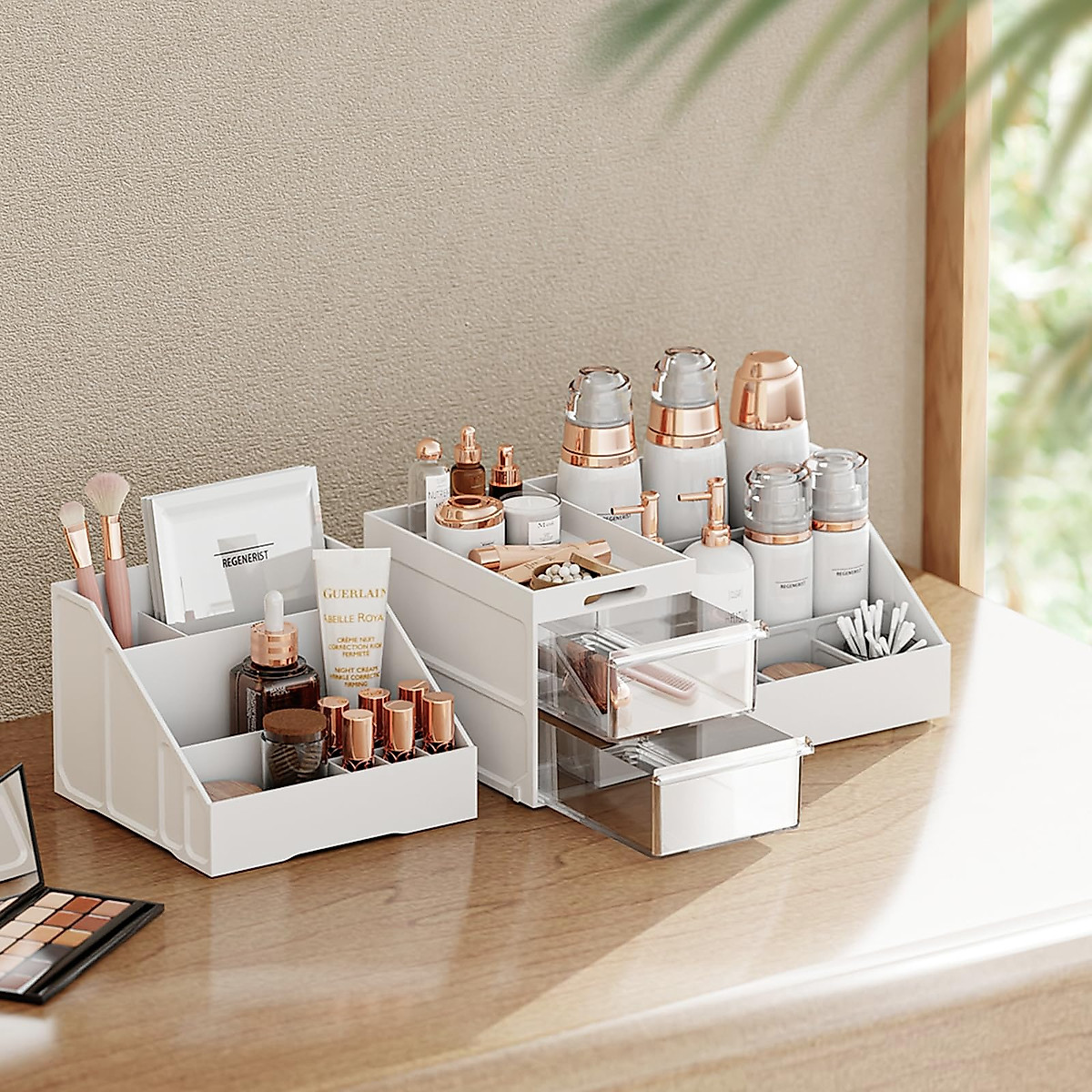 Makeup Organizer, Large Capacity with Drawers for Vanity, Makeup Brush, Nail Polish and Beauty Supplies White/Clear