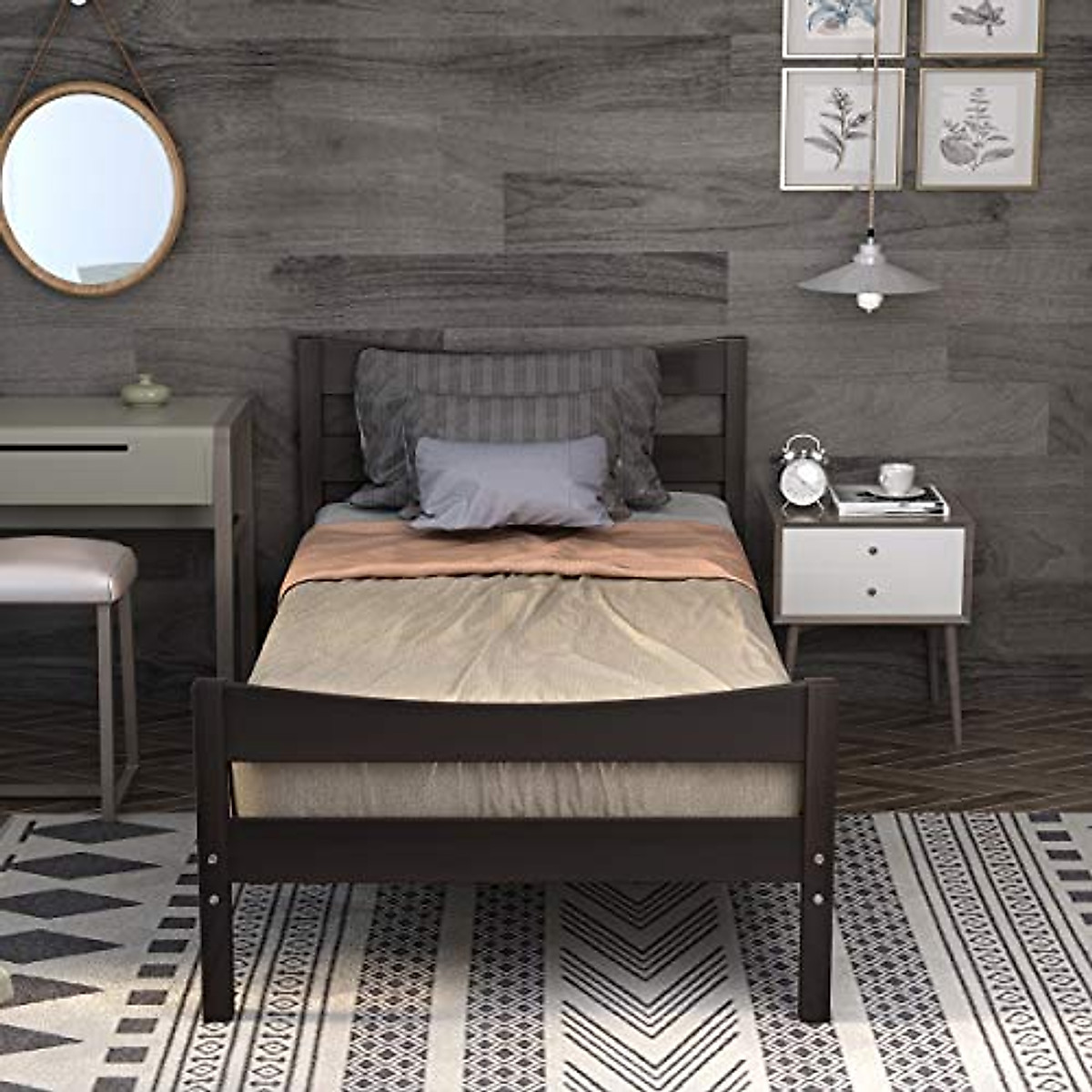 Giantex Wood Bed Frame Twin Size, Rustic Style Platform Bed w/Headboard & Footboard, Solid Wood Slat Support, No Box Spring Needed, Panel Bed Mattress Foundation for Kids (Espresso)