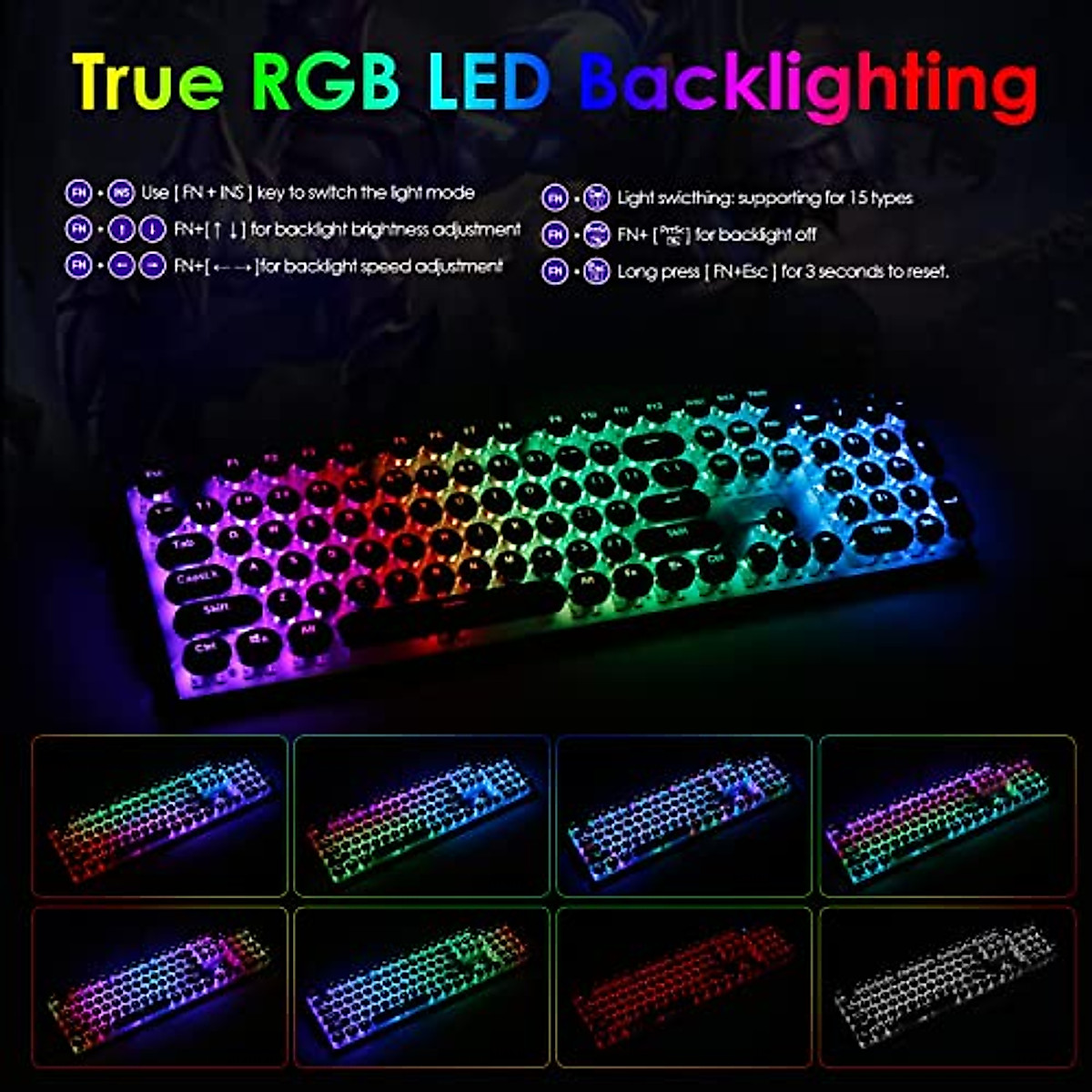 HUO JI E-Yooso Z-88 Mechanical Gaming Keyboard Wired Typewriter Style with Programmable RGB Backlit Clicky Blue Switches Retro Round Keycap Metal Panel for Mac/PC, White