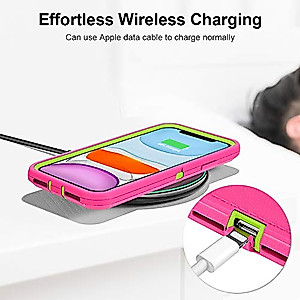 CAFEWICH iPhone 11 Case, Heavy Duty Shockproof 3-Layer Full Body Protective High Impact Tough Hybrid Rubber Rugged Durable Phone Cover for iPhone 11 6.1'' - Hot Pink Green