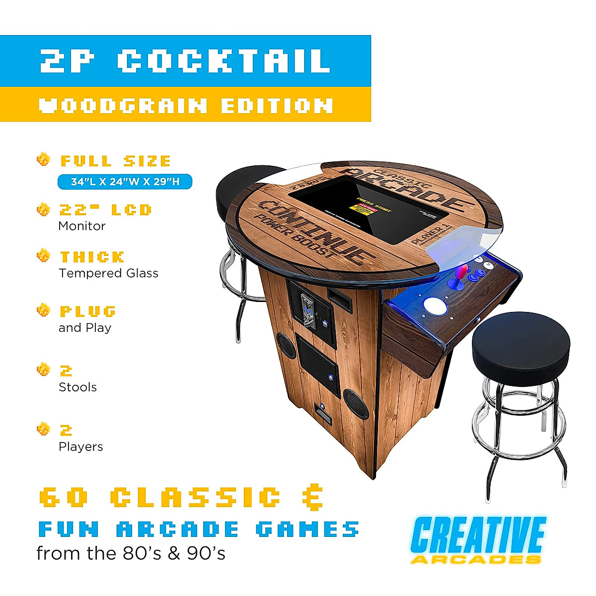 Creative Arcades Full-Size Commercial Grade Machine -Pub Style Arcade Table for 2 Player Cabinet for Home, 60 Games, Multiplayer Control Panel and Screen Size 22 inch.