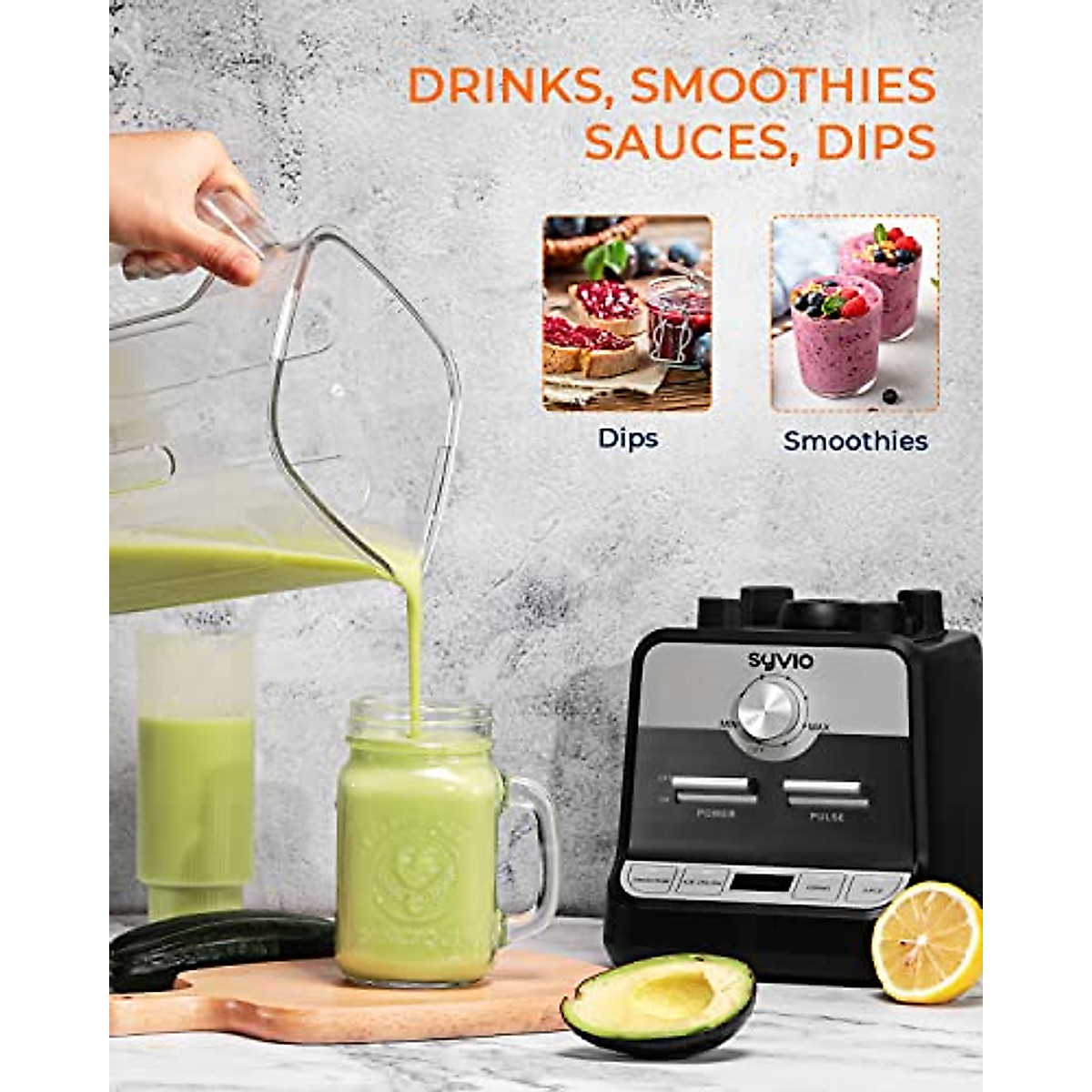 Syvio Blenders for Kitchen, Smoothie Blender 1450W with 4 Presets and 68 oz Tritan Container, Blender for Shakes and Smoothies, Crushing Ice, Frozen Fruits