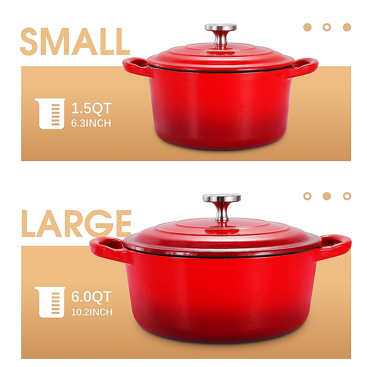 Enameled Cast Iron Dutch Oven Set with Lids, 2pcs Cast Iron Pot, 6QT & 1.5QT Enamel Cookware Pot, Red