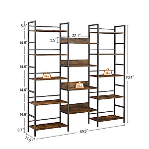 Elevon Bookshelf 5-Tier Open Bookcase, Triple Wide 70in Tall Display Shelf with 14 Open Display, Wood Shelf Metal Frame Floor Standing Unit for Living Room, Bedroom and Home Office - Rustic Brown