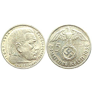 1937 DE LARGEST HIGHEST DENOMINATION MOST VALUABLE NAZI COIN EVER MINTED! HINDENBURG, SWASTIKA 5 SILVER MARKS AU (Almost Uncirculated)
