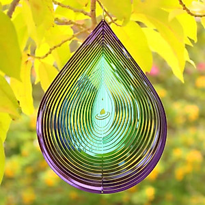 Kexsscai Wind Spinner Garden Indoor Outdoor Decor 3D Stainless Steel Metal Hanging Decorations, 3D Water Droplets Pattern Metal Wind Sculptures & Spinners Whirligig Gifts with 12inch(Green&Purple)